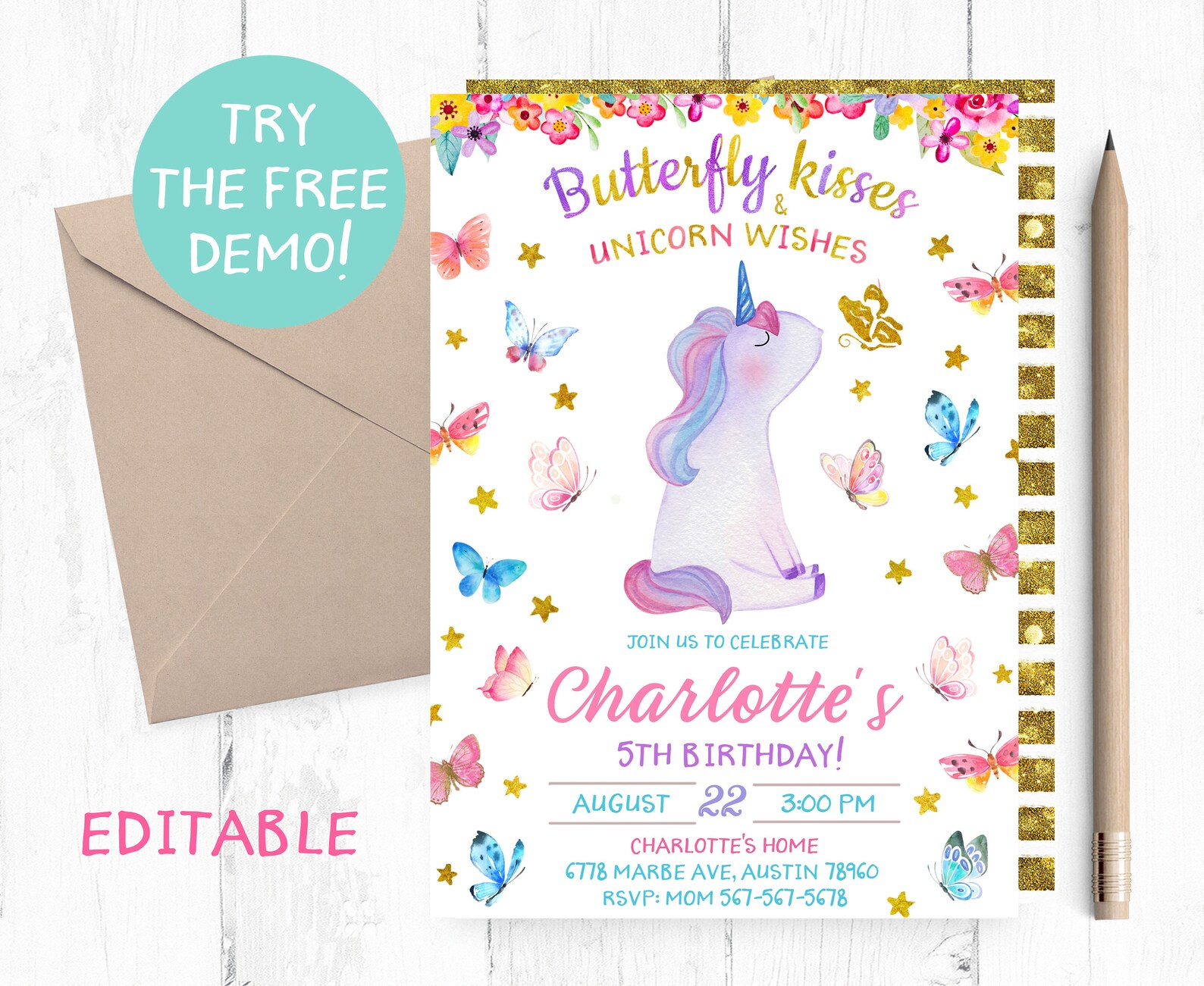 Butterfly Kisses and Unicorn Wishes, Butterfly Kisses Invite, Unicorn ...