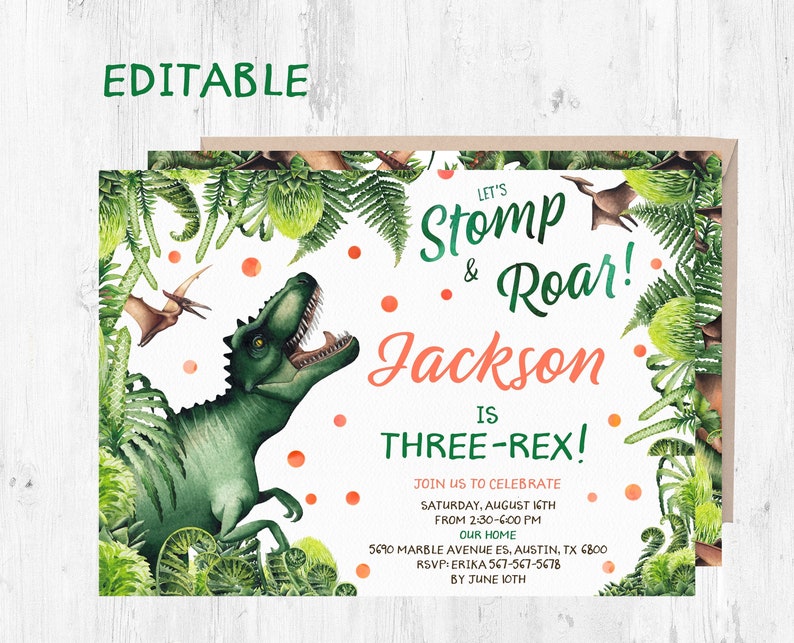 Editable Three Rex Dinosaur Invitation Dinosaur THREE Rex Etsy