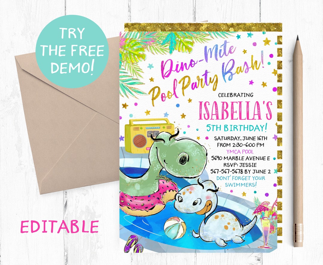 Editable Dinosaur Pool Party Invitation, Dinosaur Pool Party Editable ...