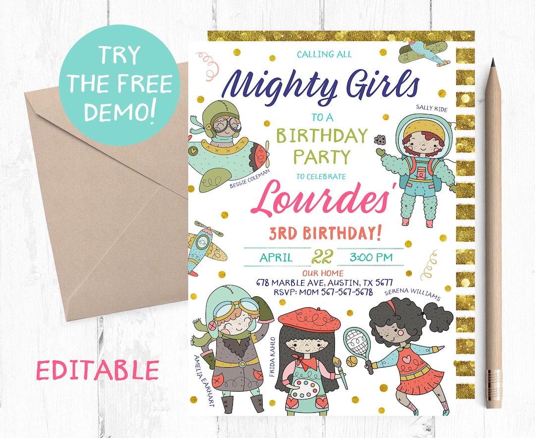 Rebel Girl Invitation, Mighty Girls Birthday Party Invitations, Strong ...