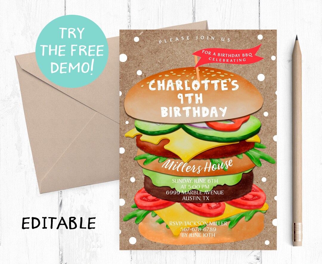 Editable BBQ Birthday Invitation, Girl BBQ Burger Party, Boy BBQ Burger ...