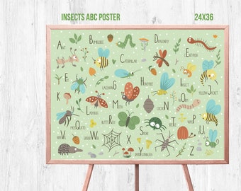 Insects Alphabet Poster Educational Wall Art Classroom Decor Bedroom ...