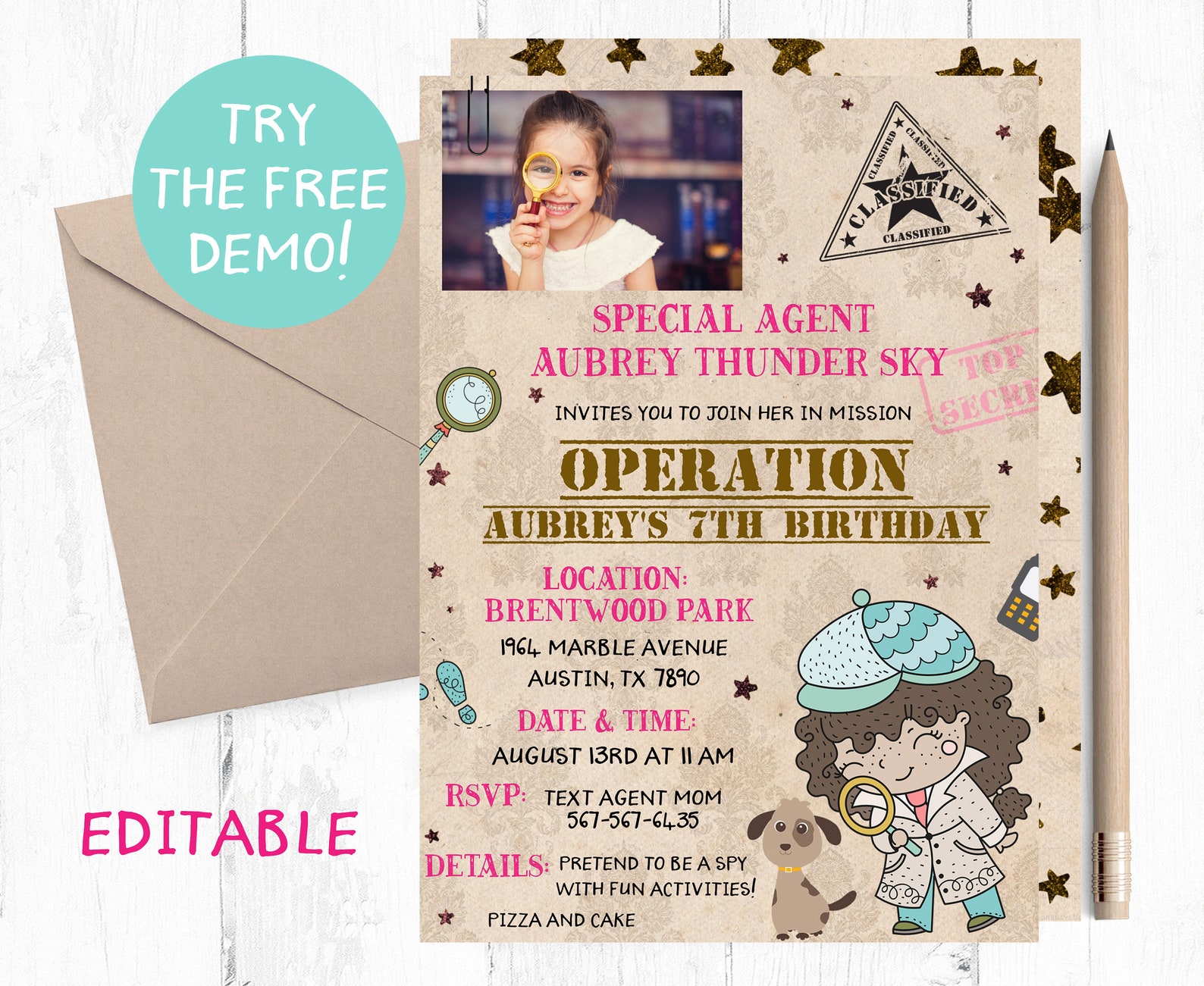Editable Brunette Girl Detective Template, Brunette Girl Spy Birthday ...