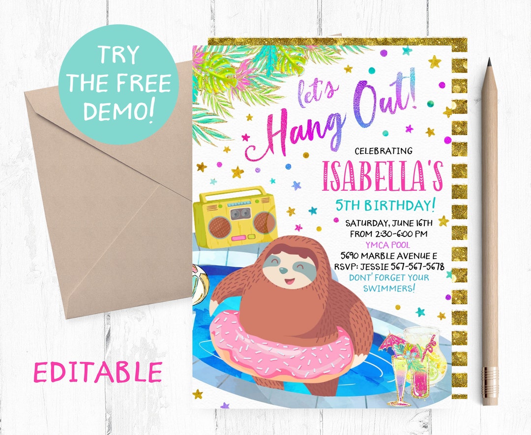 Editable Sloth Pool Invites, Sloth Pool Party Bash, Sloth Pool ...