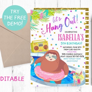 Editable Sloth Pool Invites Sloth Pool Party Bash Sloth Pool - Etsy