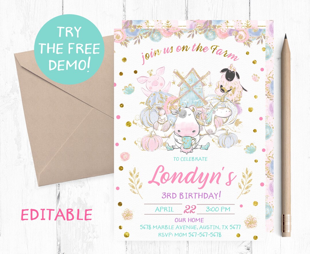 Editable Pumpkin Farm Animals Invitation, Pumpkin Farm Girl Invitation ...