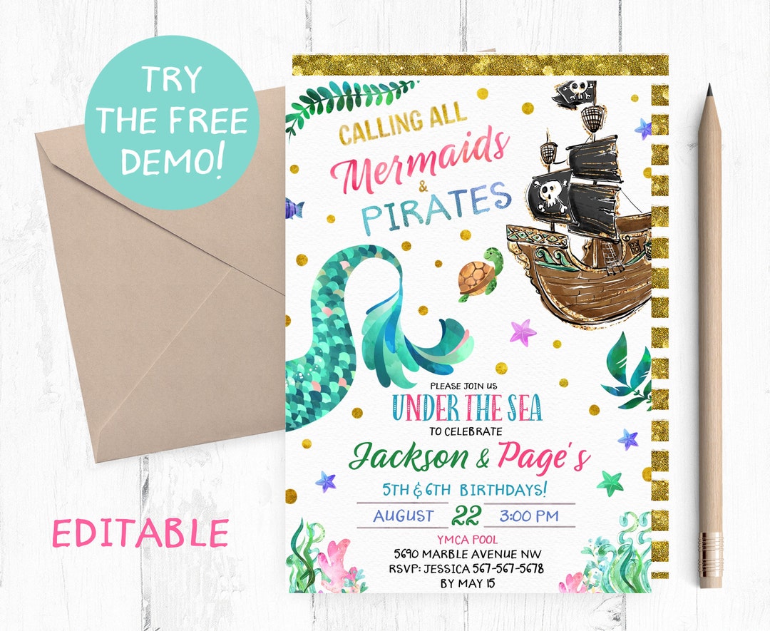 Editable Mermaids and Pirates Invitation, Calling All Mermaids Pirates ...
