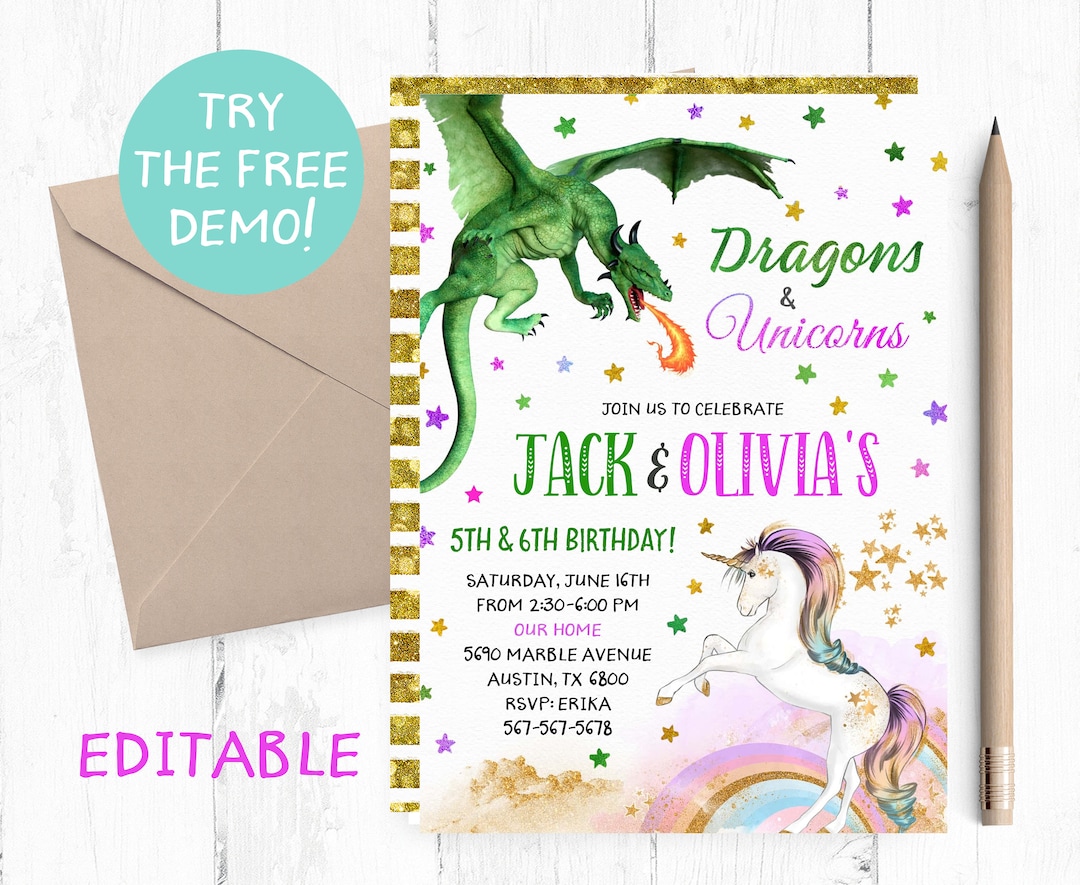 Editable Joint Dragons and Unicorns Invitation, Dragons Unicorns ...