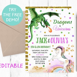 Editable Joint Dragons and Unicorns Invitation, Dragons Unicorns ...