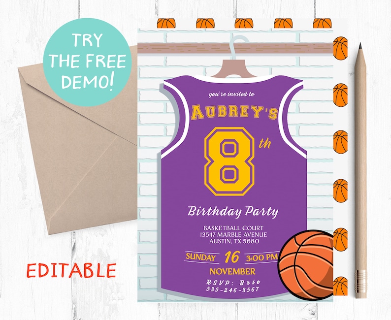 Purple Basketball Birthday Invitation, Jersey Theme (editable Template ...