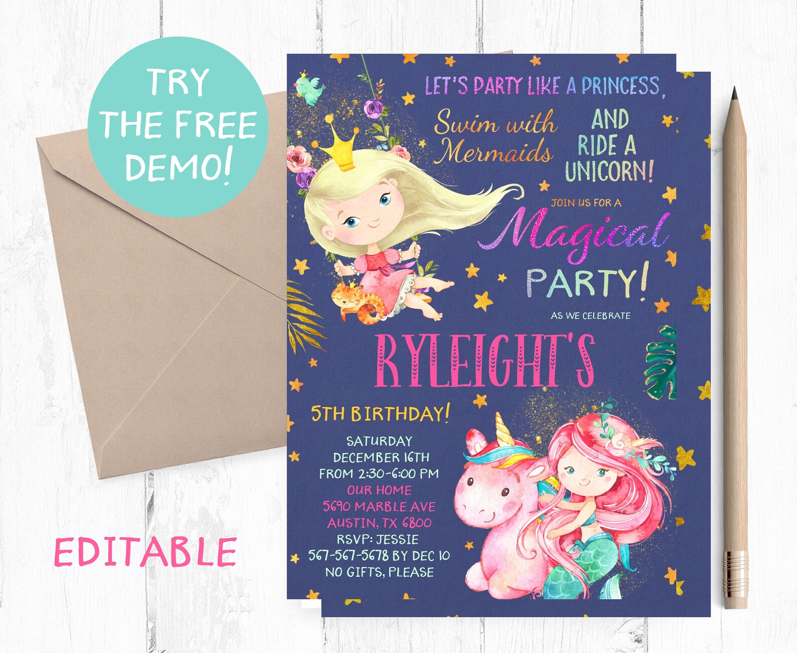 Editable Princesses Mermaids and Unicorns Invitation Blonde - Etsy