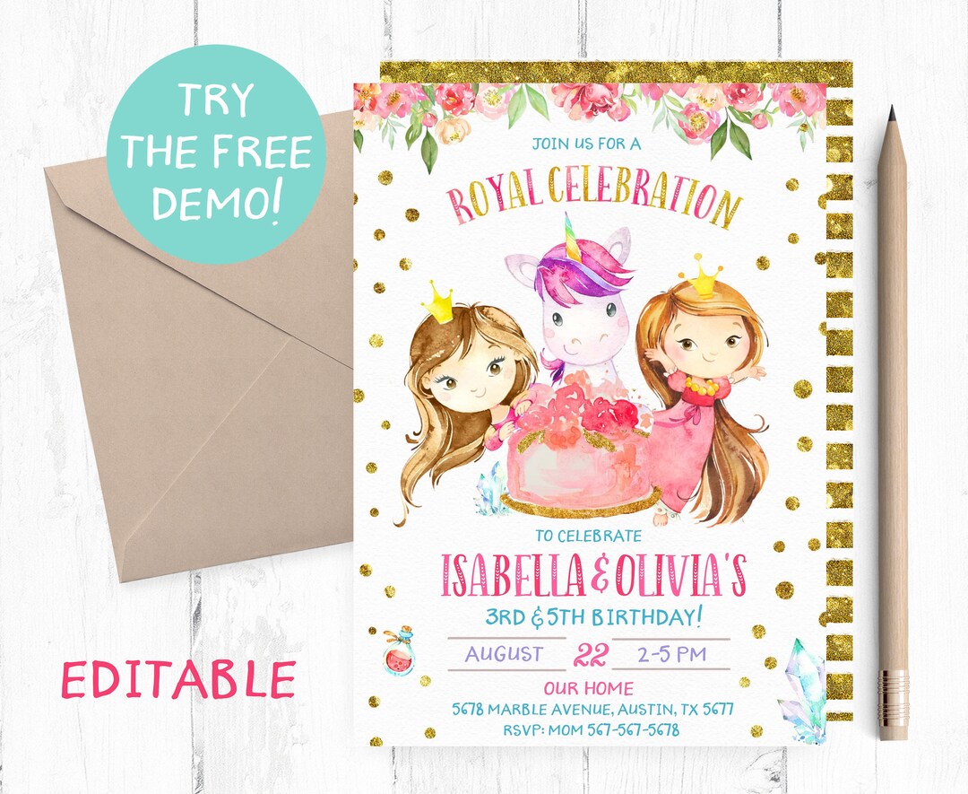 Editable Joint Royal Party Invitation, Joint Princesses Invitation ...