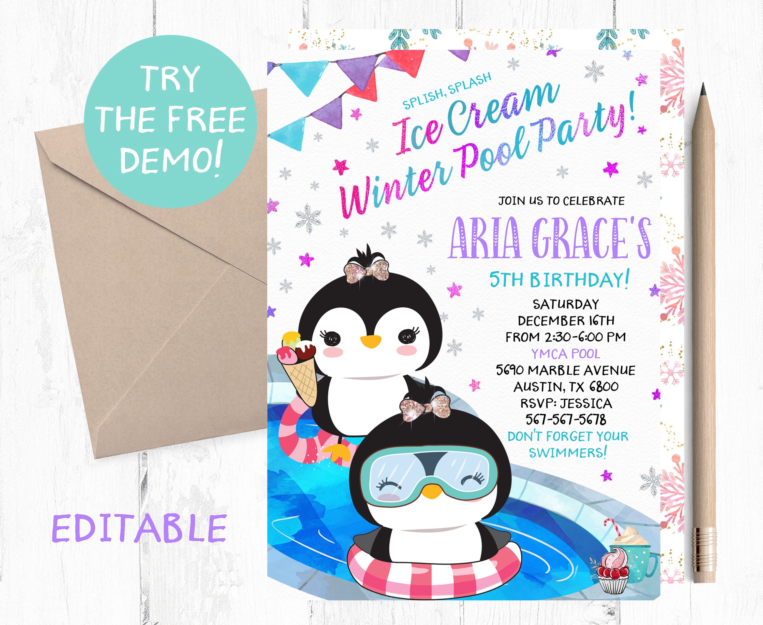 Editable Winter Pool Party Bash, Winter Ice Cream Pool Party, Winter ...