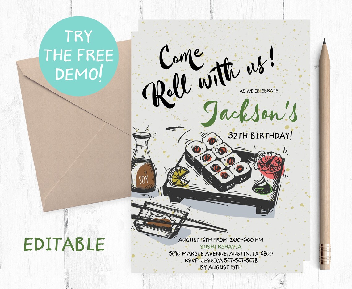 Editable Sushi Invitation, Sushi Birthday Party Invitation, Sushi ...