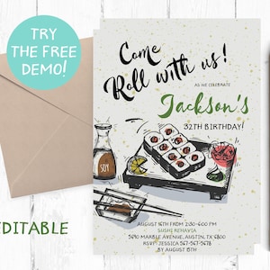 Editable Sushi Invitation, Sushi Birthday Party Invitation, Sushi ...