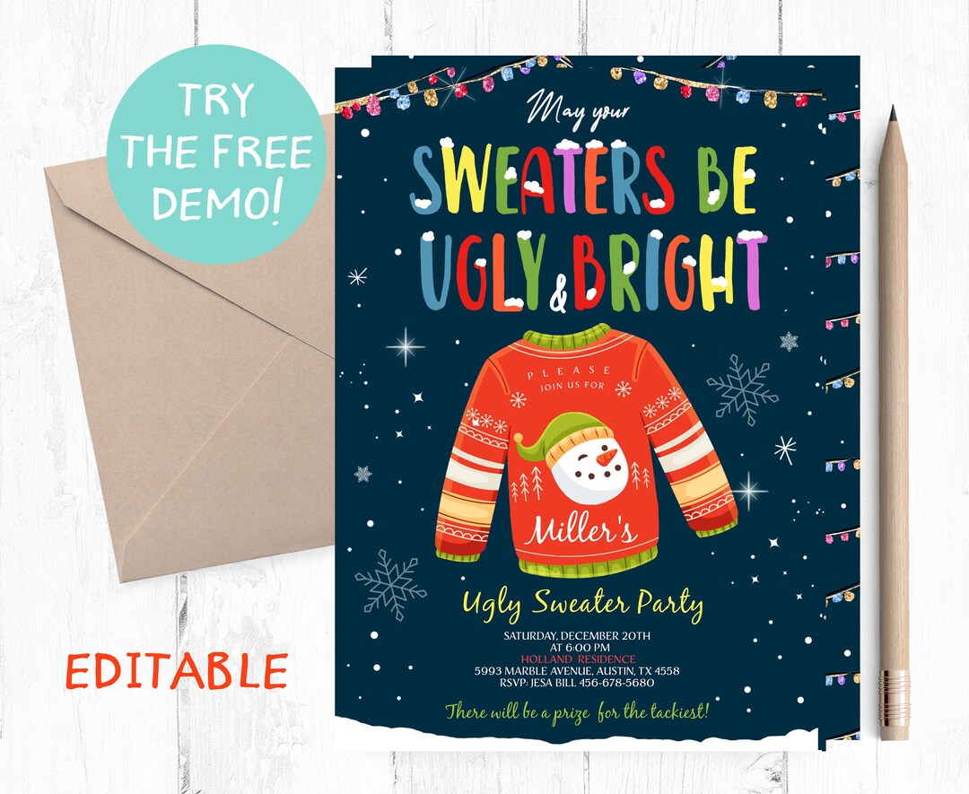 Ugly Sweater Christmas Party Invitation, Ugly Sweater Editable Template ...
