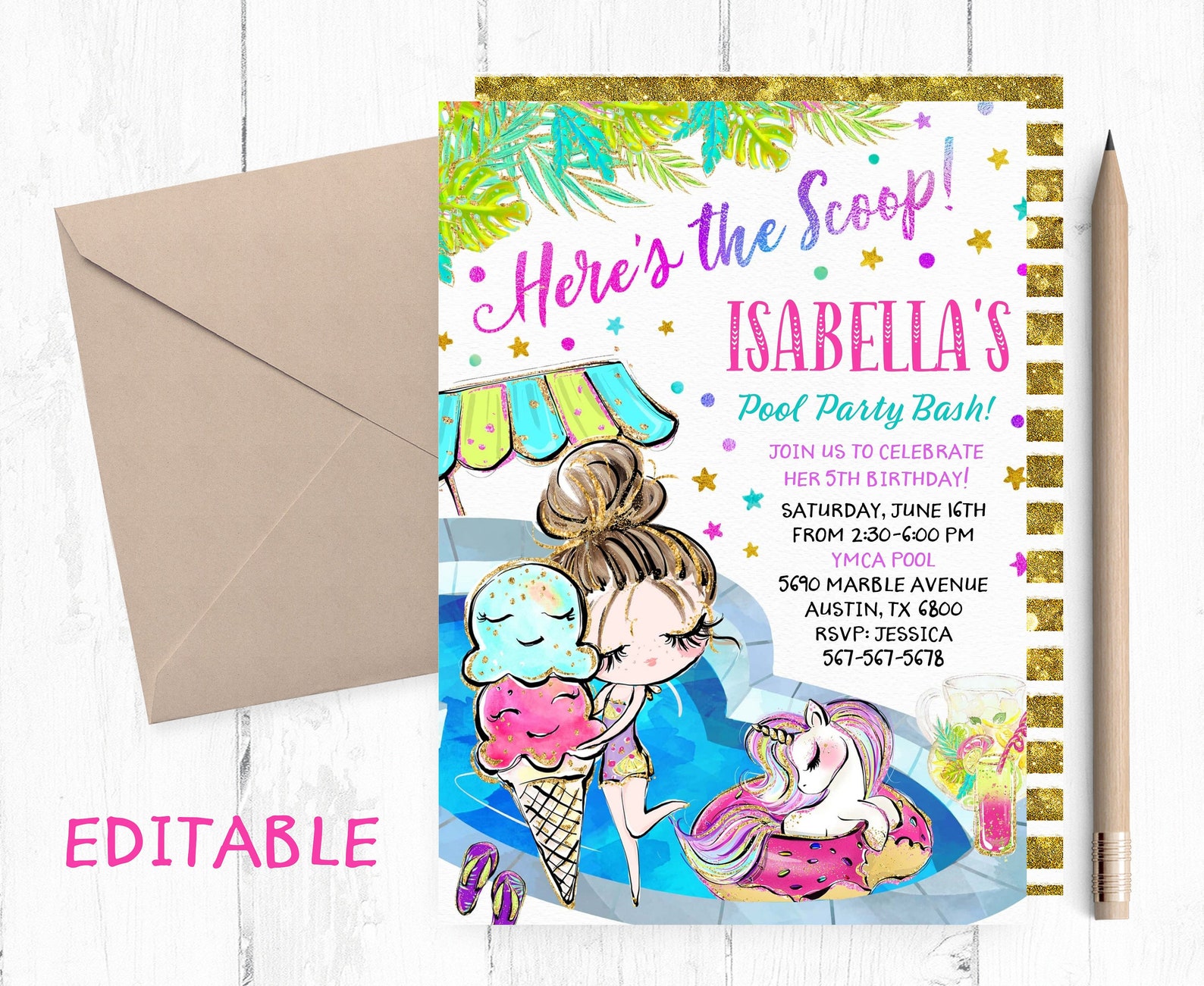 Editable Ice Cream Pool Party, Editable Pool Invitation, Pool ...