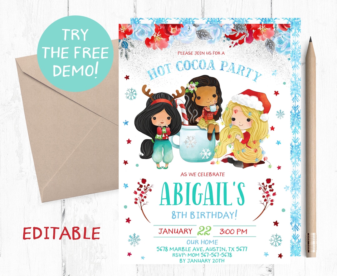 Princess Hot Cocoa Party Invitation, Editable 5x7 (PDF) - Etsy