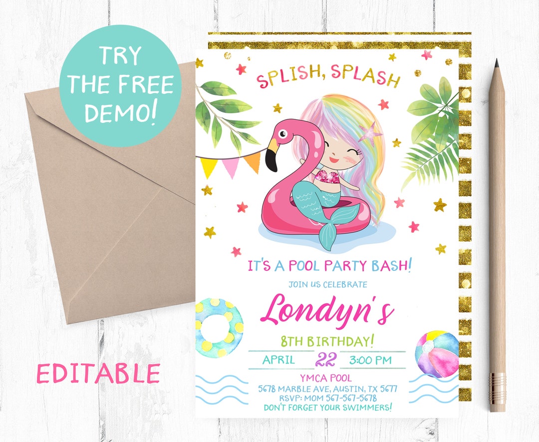 Mermaid Pool Party Invitation, Mermaid Pool Party Invitations, Mermaid ...