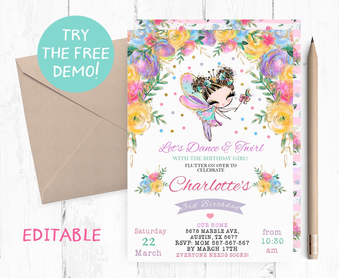 Editable Brunette Fairy Invitation, Fairies Birthday Party Invitation ...