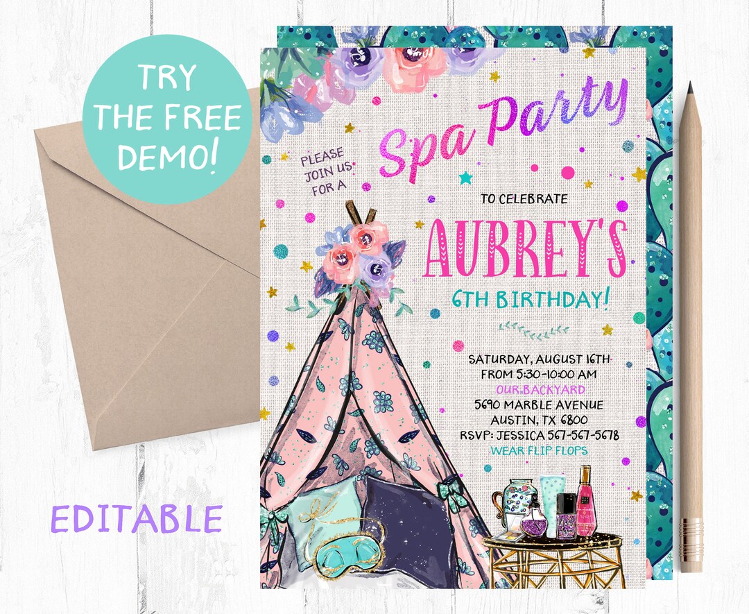 Editable Teepee Spa Invitation, Spa Teepee Birthday Party, Teepee Spa ...