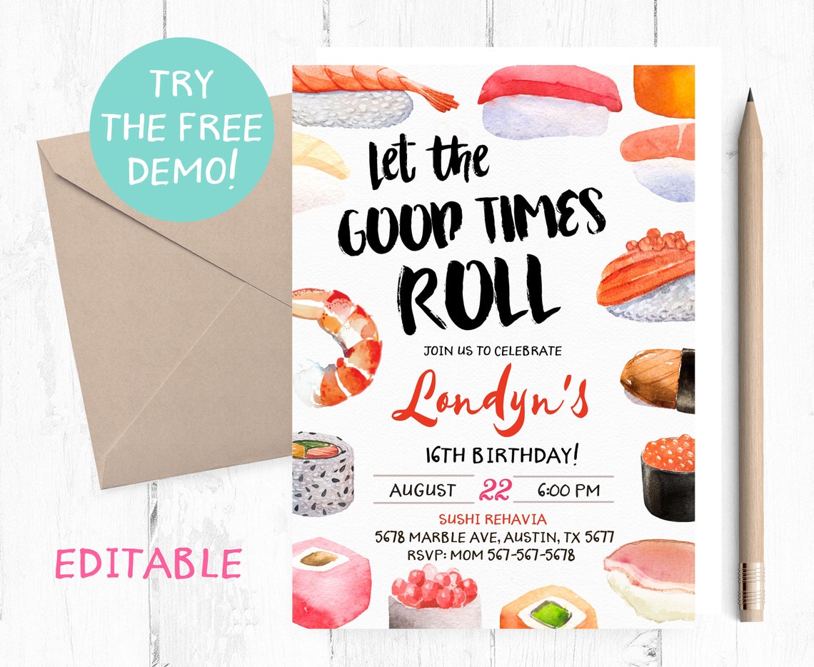 Editable Sushi Invitation Sushi Invitation Template Sushi | Etsy