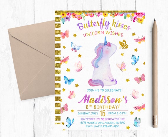 Butterfly Kisses and Unicorn Wishes Butterfly Kisses Invite | Etsy