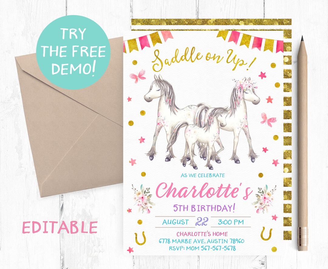 Horses Birthday Party Invitations, Horses Party Invites, Horse Birthday ...