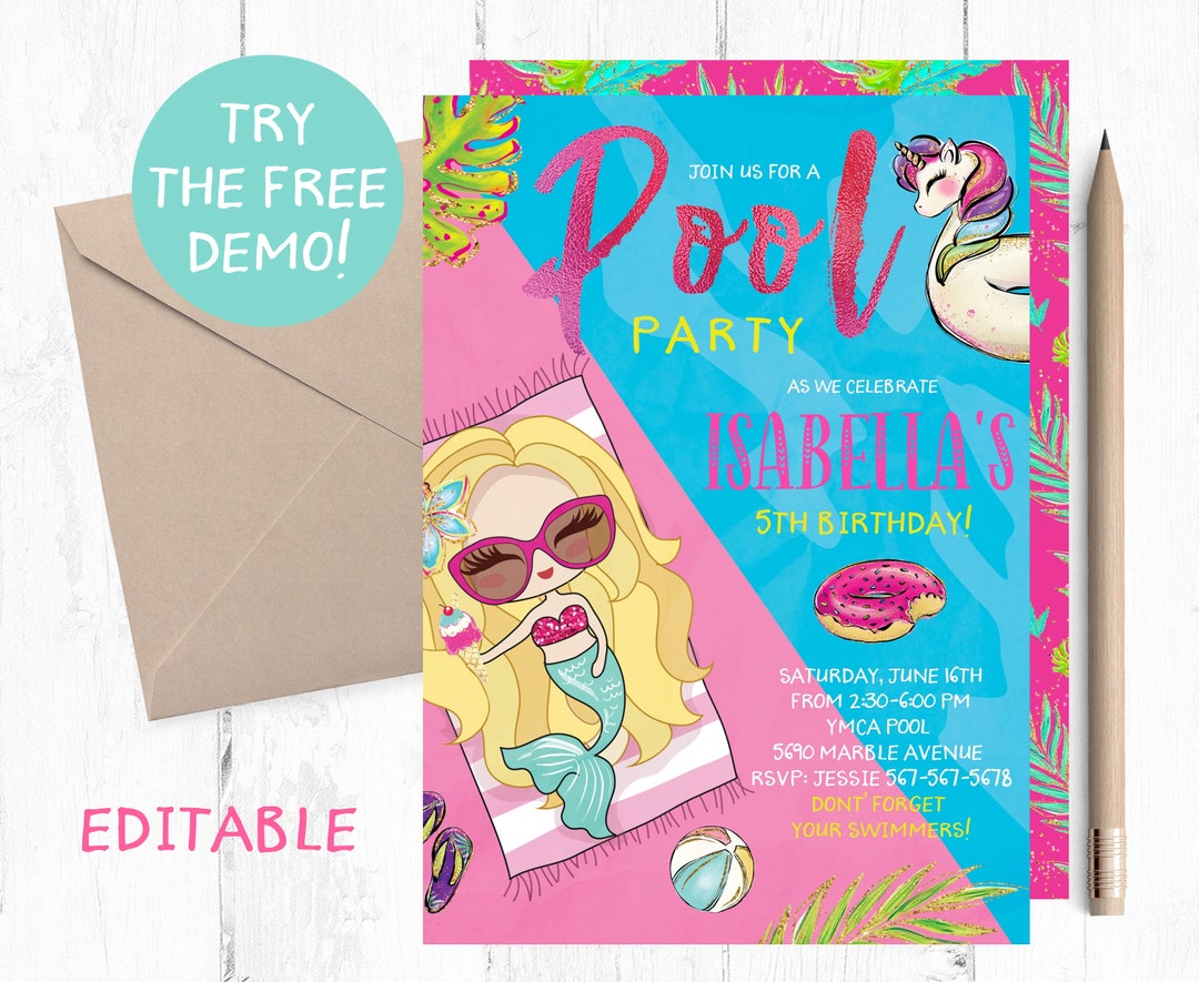 Blonde Mermaid Pool Party Invitation, Blonde Mermaid Pool Party Bash ...