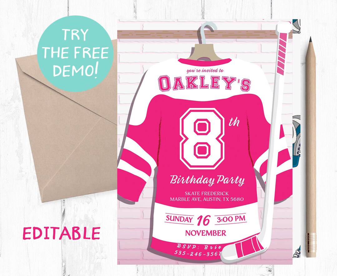 Pink Jersey Hockey Invitation, Girl Hockey Birthday Party, Hockey ...
