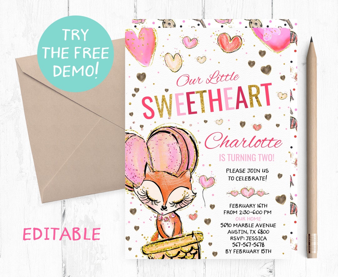 Editable Valentine Sweetheart Invitation, Sweetheart Valentine Birthday ...