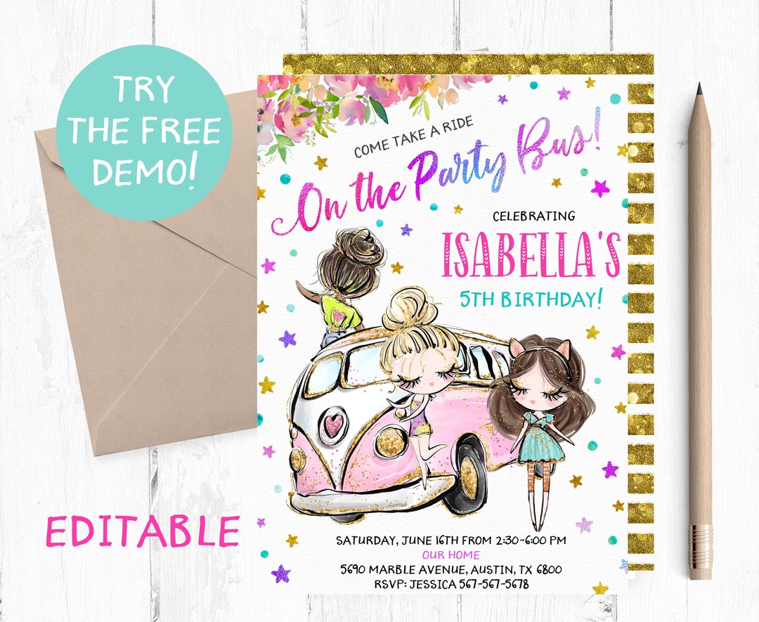 Editable Party Bus Invitation, Party Bus Birthday Party, Party on the ...