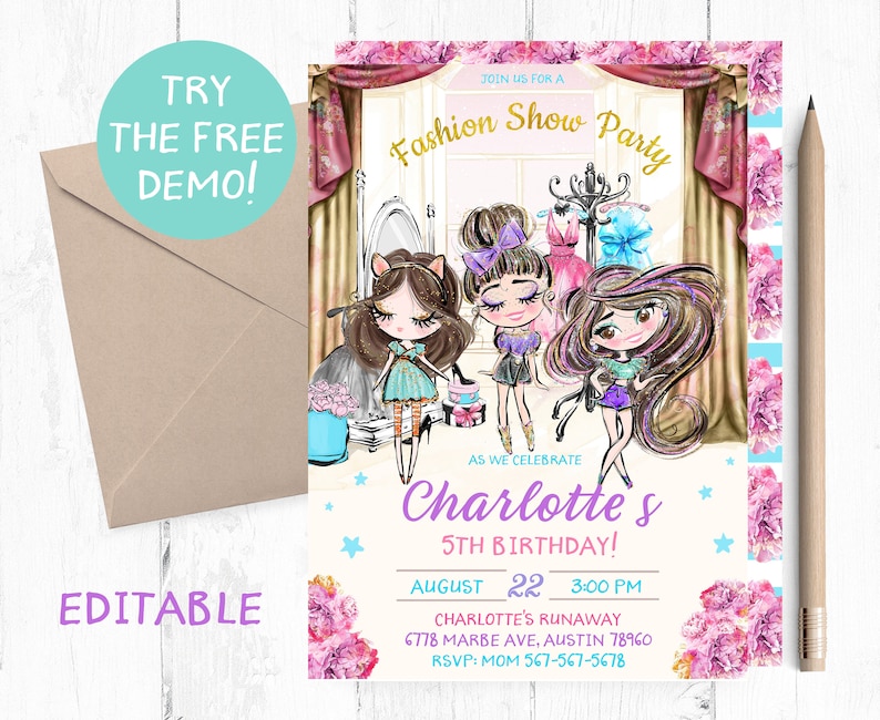 Brunette Girls Fashion Show Invitation Runaway Party - Etsy