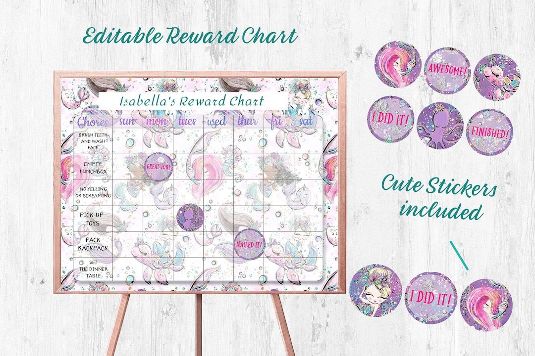 Editable Mermaid Reward Chart Printable, Mermaid Chore Chart Template ...
