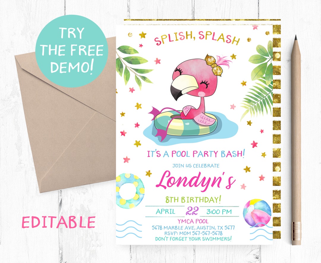 Flaming Pool Party Invitation, Flamingo Pool Party Invitations ...