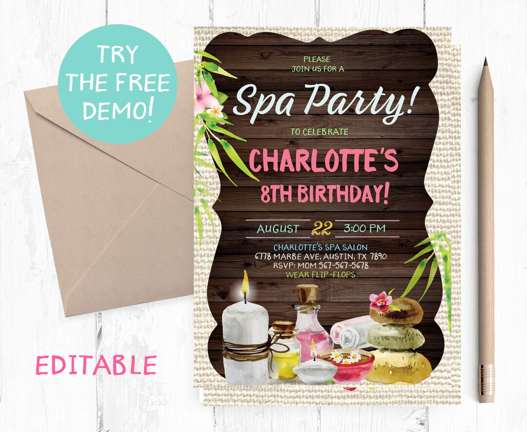 Spa Birthday Party Invitation, Spa Birthday Invitation Editable ...