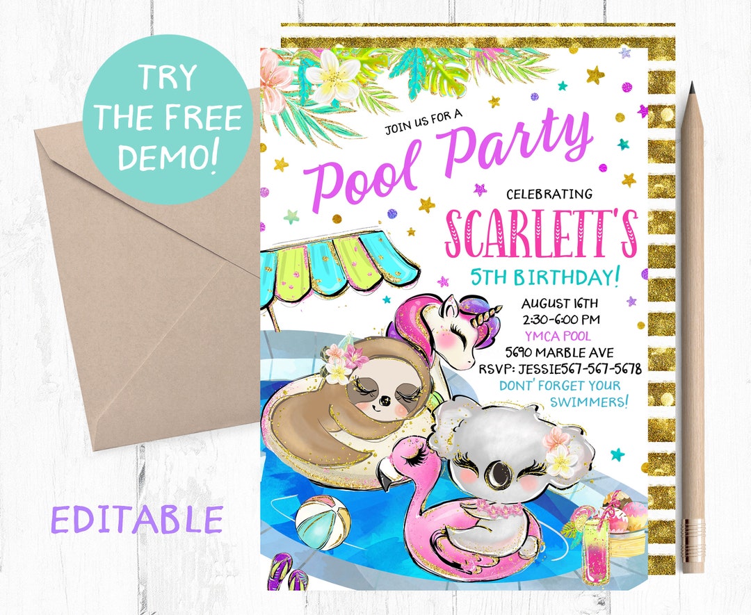 Editable Sloth and Koala Pool Invitation, Koala Sloth Pool Party ...