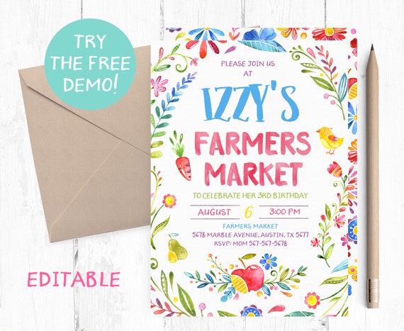 Editable Farmers Market Invitation Girl Farmers Market | Etsy