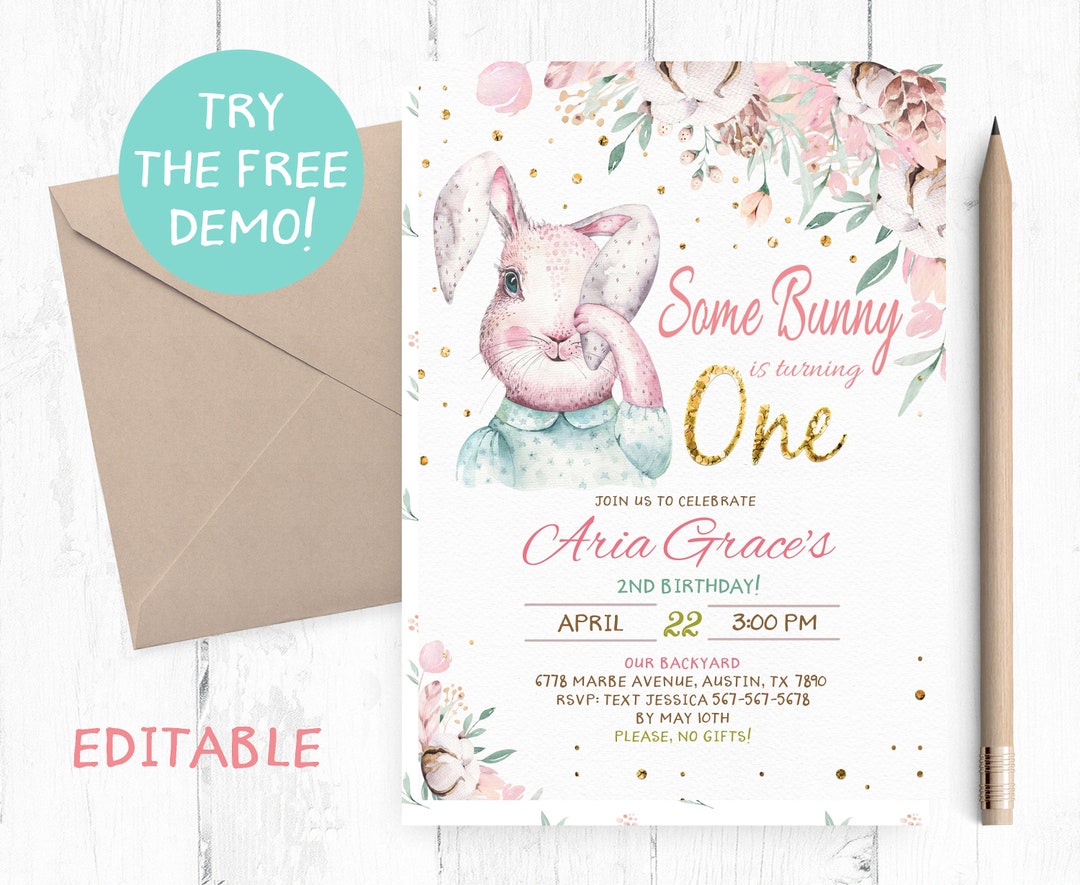 Buy Editable Bunny First Birthday Invitation, Some Bunny is One ...