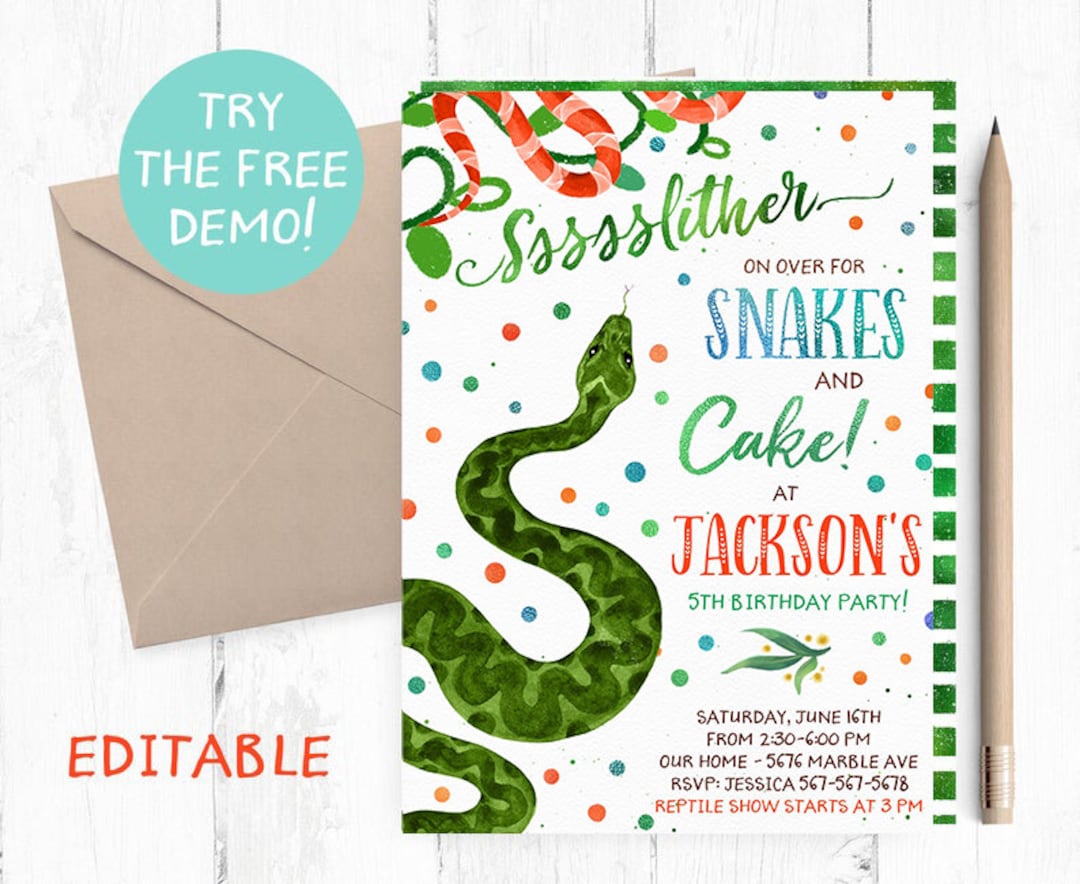 Editable Snake Invitation, Snake and Cakes Birthday Party, Snake Boy ...