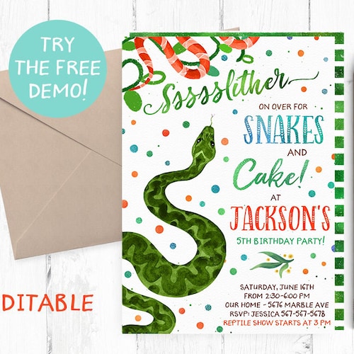 Snake Invitation Boy Boy Snake Birthday Party Snakes - Etsy Australia