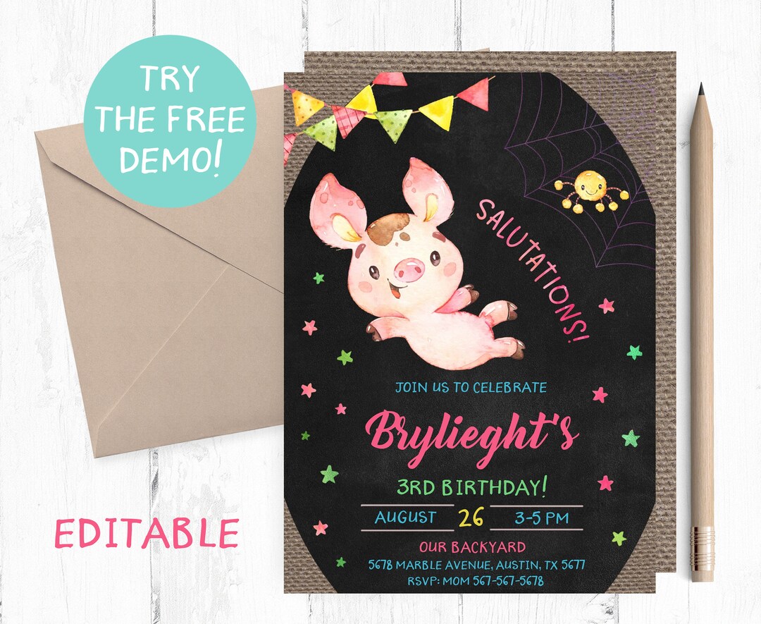 Editable Farm Pig Invitation, Cute Pig Editable Template, Piggy ...