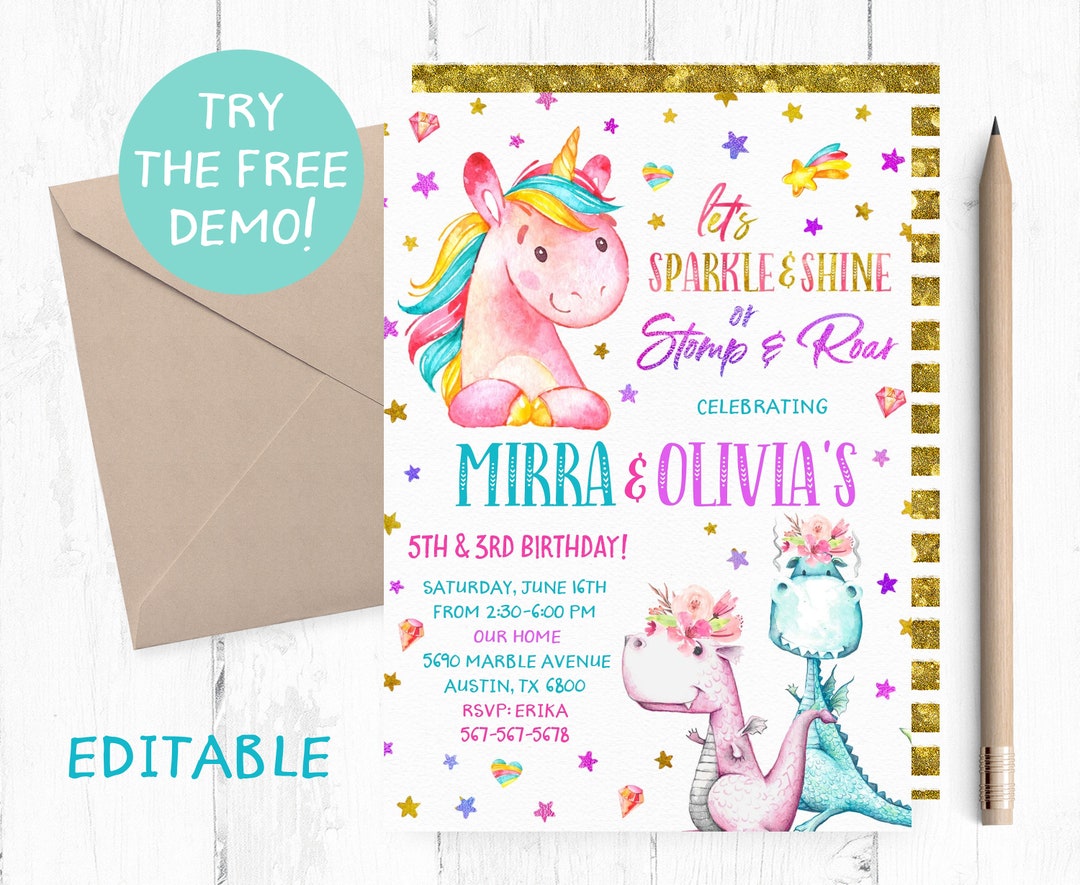 Editable Unicorns and Dinosaurs Invitation, Unicorns Dinosaurs Party ...