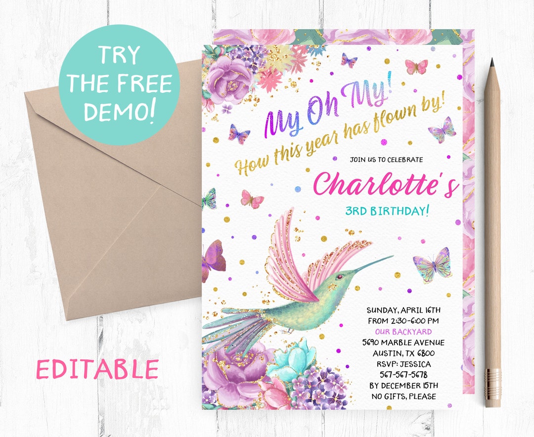 Editable Hummingbird Invitation, Bird Birthday Invitation, Spring Bird ...