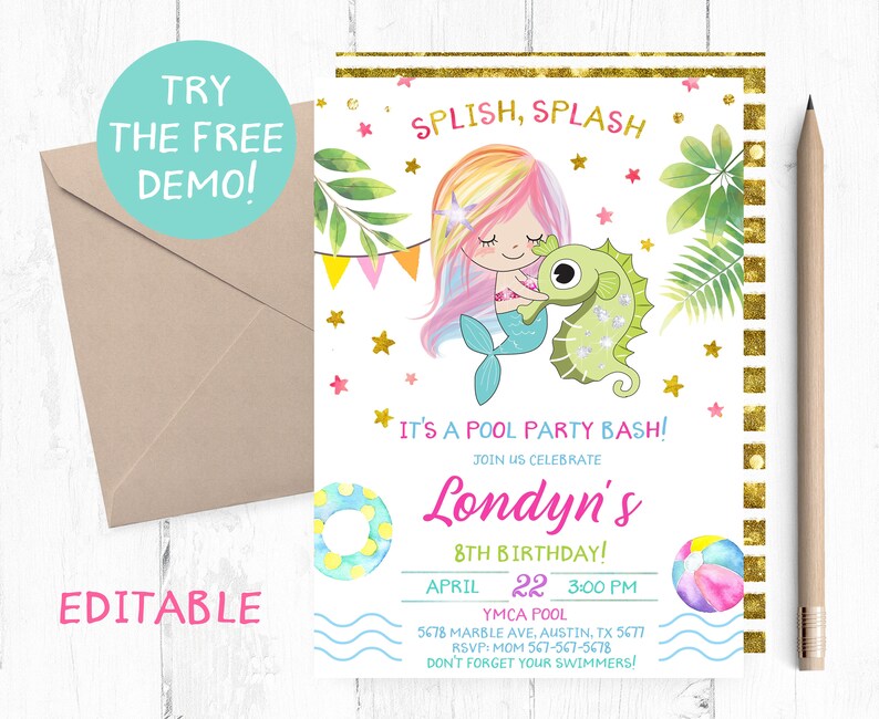 Mermaid Pool Party Printable Birthday Invitation Mermaid Pool - Etsy