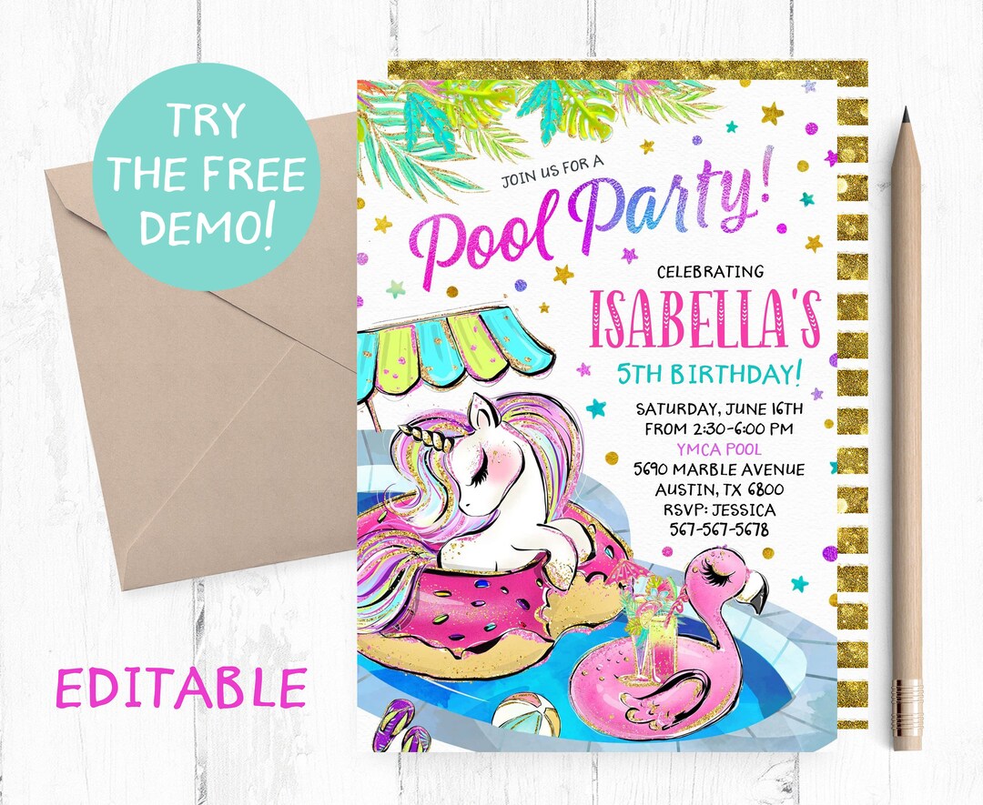 Editable Unicorn Pool Invitation, Pool Party Editable Template, Pool ...