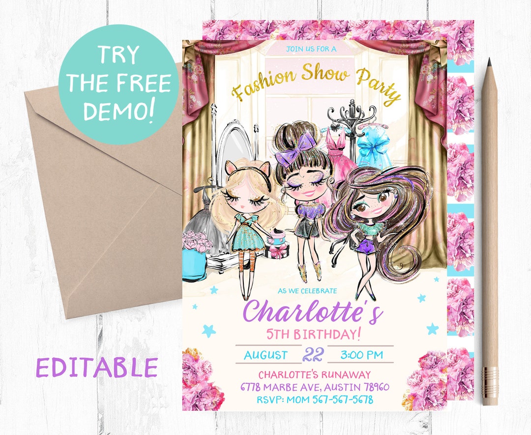Fashion Girls Instant Invitation, Fashion Party Invitation Template ...