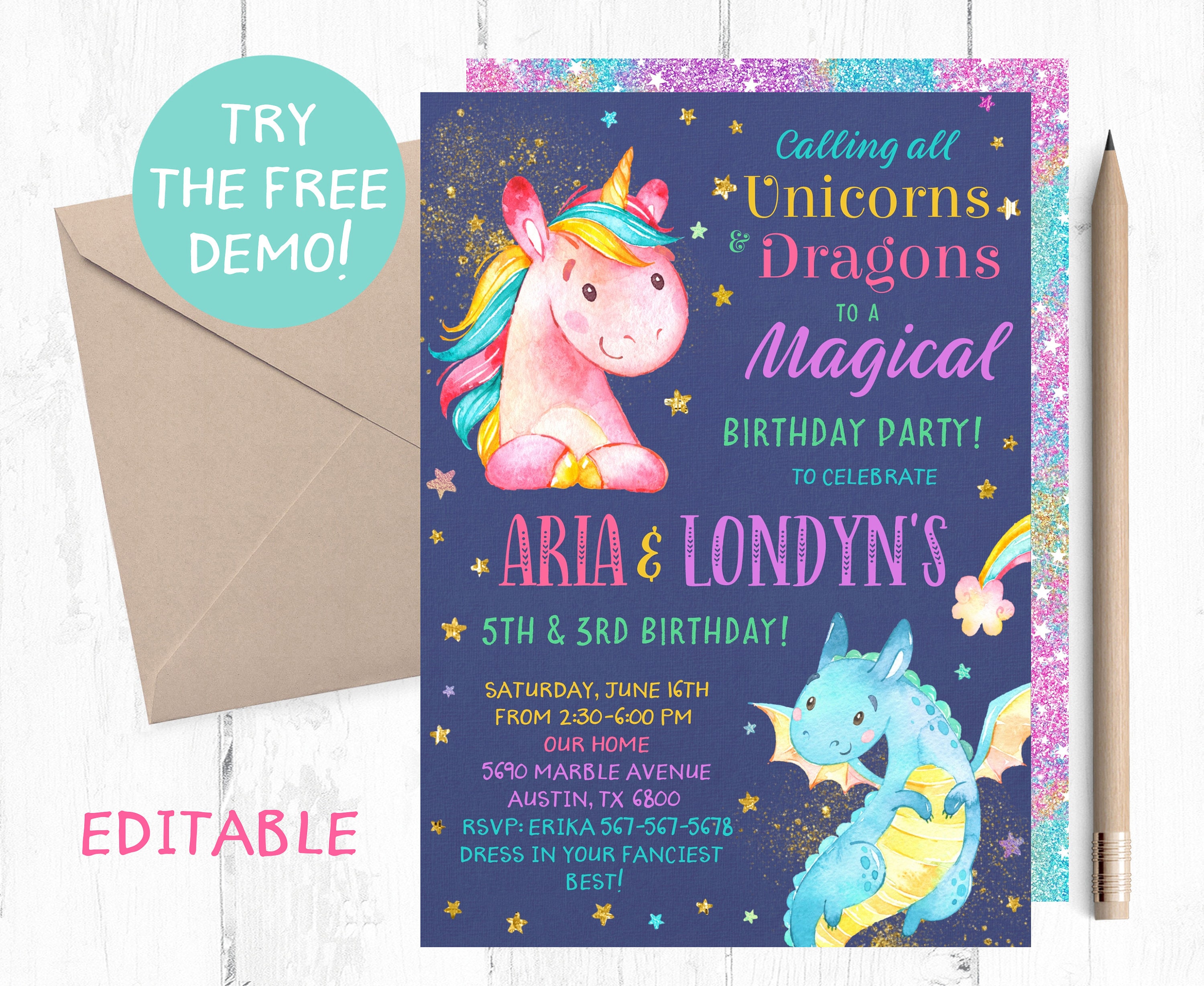 Magical Birthday Party, Dragons and Unicorns Invites, Dragons Unicorn ...