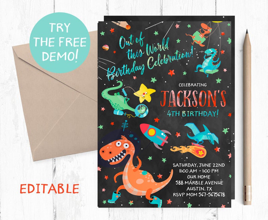 Editable Space Dinosaurs Invitations, Dinosaurs Space Birthday Party ...