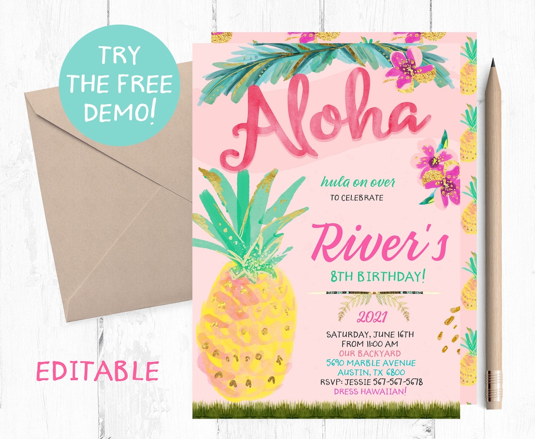 Pineapple Invitation Instant Template, Luau Pineapple Birthday Party ...